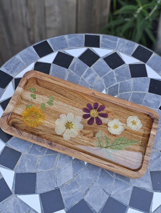Hand Crafted | Art | New Handmade Wood Tray With Resin Pressed Flowers ...